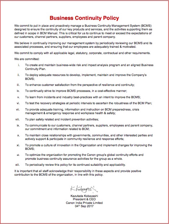 Business Continuity Management Policy Template Best Creative Template